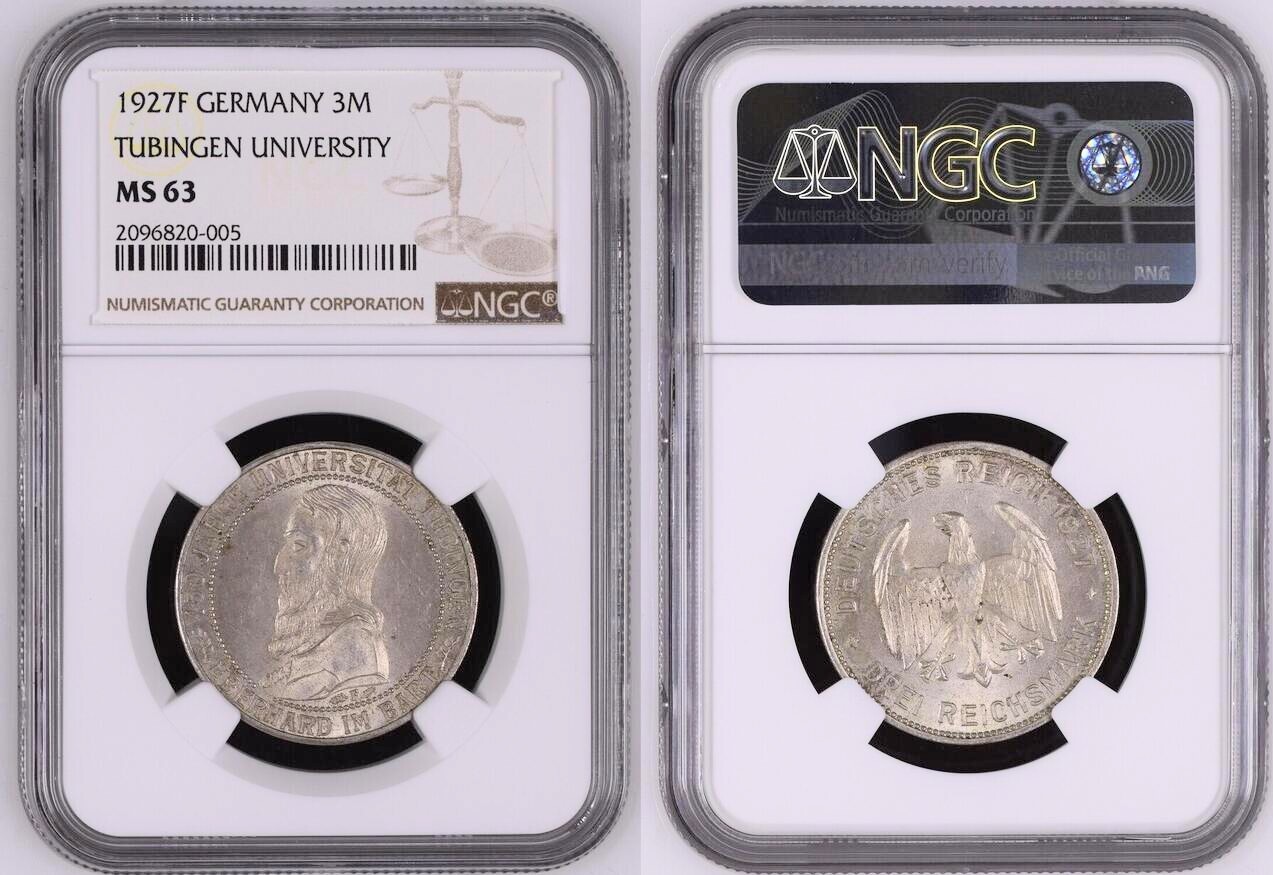 WEIMARER REPUBLIK Gedenkmünzen 3 Mark "Tübingen" 1927 F NGC MS 63 | MA ...