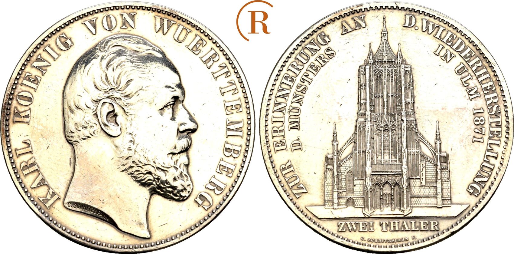 WÜRTTEMBERG Karl, 1864-1891 Doppeltaler "Ulmer Münster" 1869 Der Rand ...