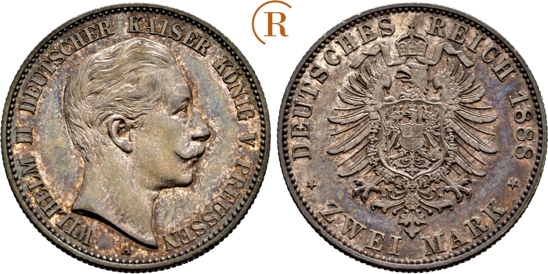 KAISERREICH PREUSSEN Wilhelm II., 1888-1918. 2 Mark 1888 A Prachtexemplar. Herrliche Patina, UNC ...