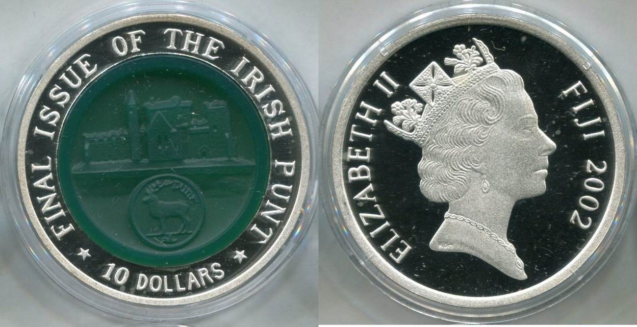 Fiji, 10 Dollars 2002 Halbedelstein Relief Münze mit Grünachat 1 Unze ...