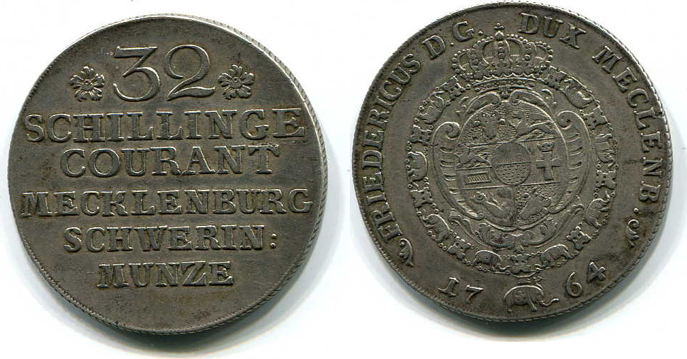 Mecklenburg-Schwerin, 32 Schilling 1764 Friedrich 1756-1785, VF / EF | MA-Shops