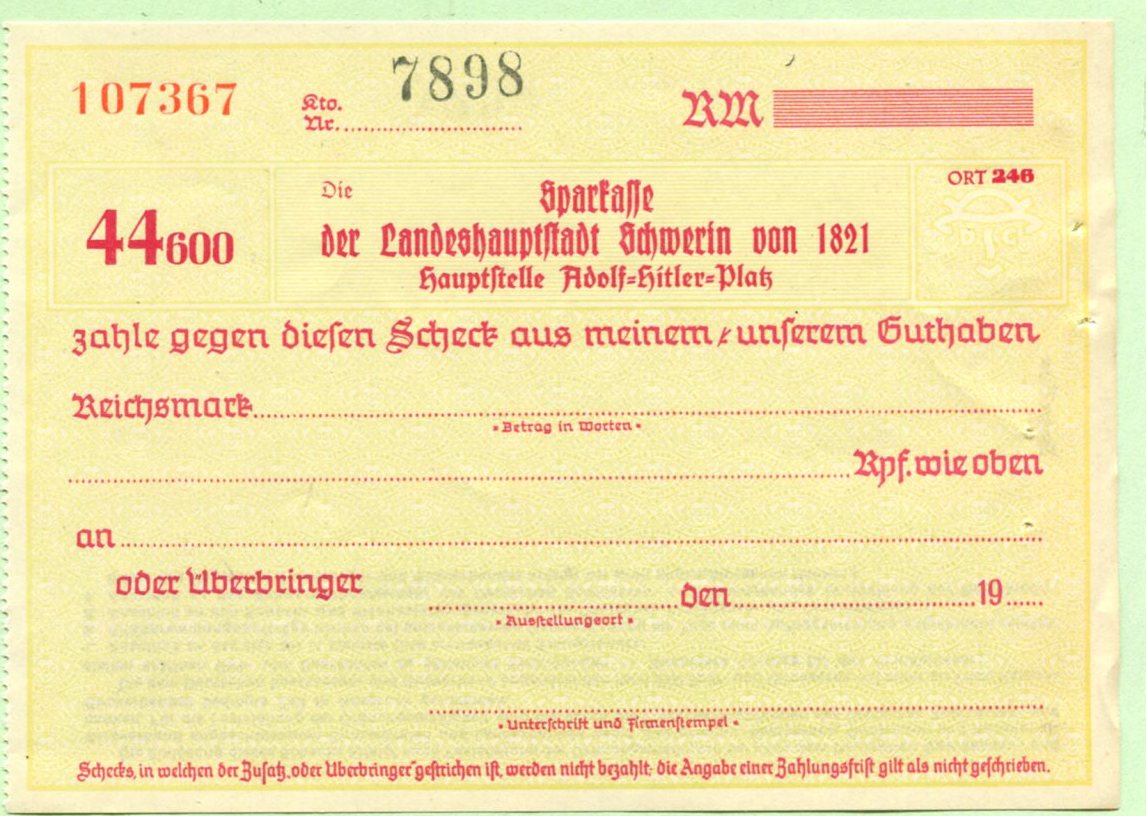 Mecklenburg, Scheck,Blanco 19.. Schwerin, UNC | MA-Shops