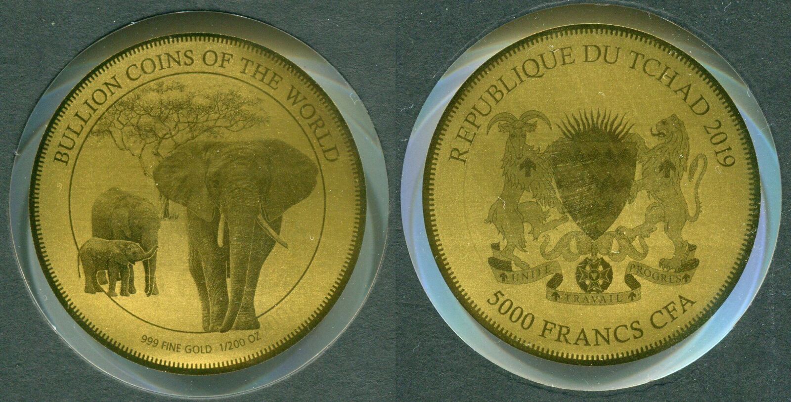 Tchad / Tschad 5000 Francs 2019 ~ Somalia Elefant - 999 Fine Gold mit ...