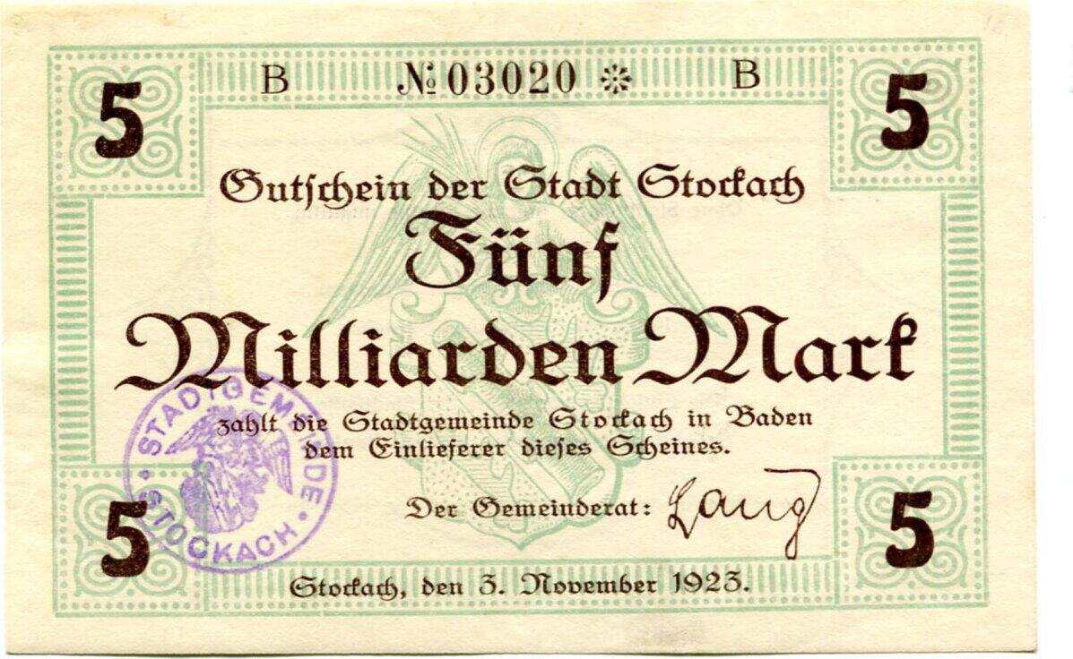 Baden 5 Md. Mk. 3.11.1923 Stockach, AU-55 / EF | MA-Shops