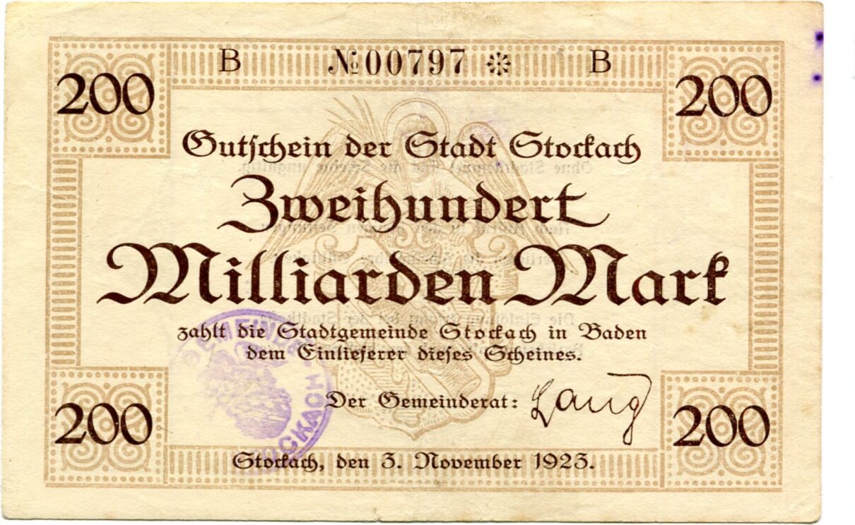 Baden 200 Md. Mk. 3.11.1923 Stockach, VF | MA-Shops