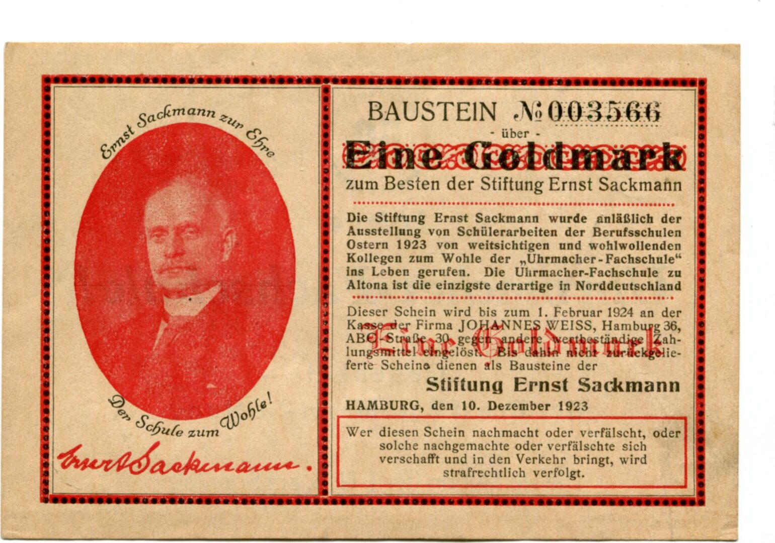 1 Gmk. 10.12.1923 Hamburg, I / AU-55 | MA-Shops