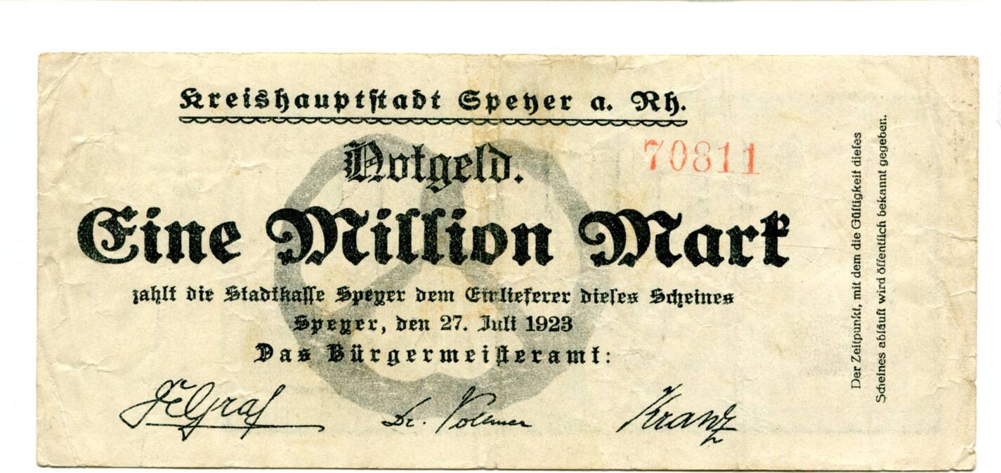 Pfalz 1 Mio. Mk. 27.7.1923 Speyer, VF | MA-Shops