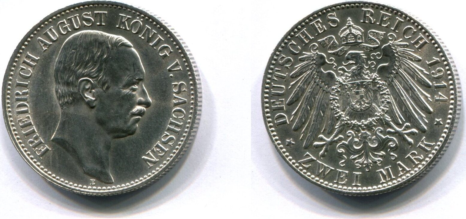 Sachse, 2 Mark 1914E Friedrich August III.1904-1918, UNC- | MA-Shops