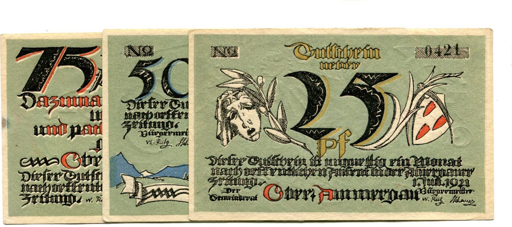 Bayern 25 Pfg. 50 Pfg. 75 Pfg. 1.7.1921 Oberammergau, AU-55 | MA-Shops