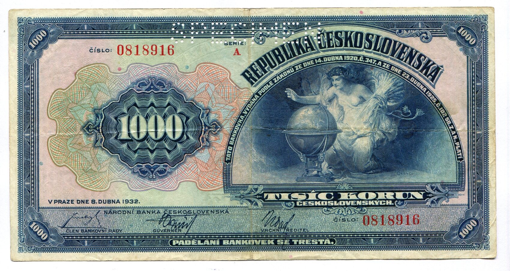 Tschechoslowakei, 1000 Korun 1932 SPECIMEN, VF | MA-Shops