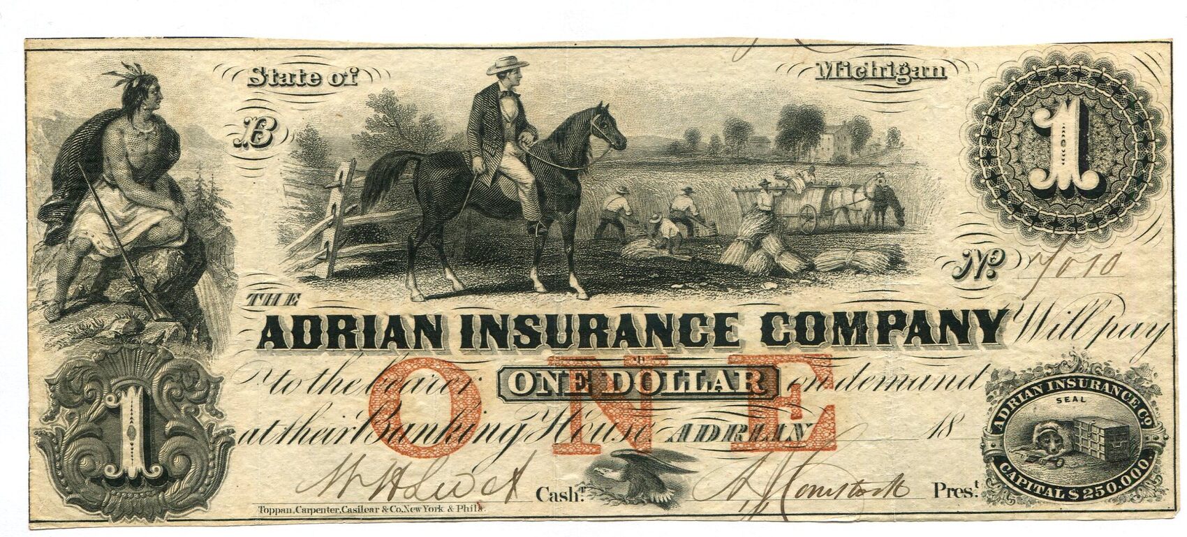 USA, 1 Dollar 18.. State of Michigan-Adrian Insurance Company, VF-EF ...