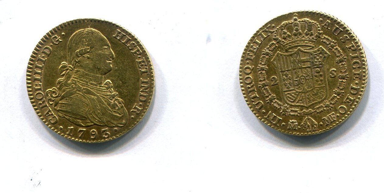 Spanien 2 Escudos 1793MF CHarlos IV. 1788-1808, VF / EF | MA-Shops