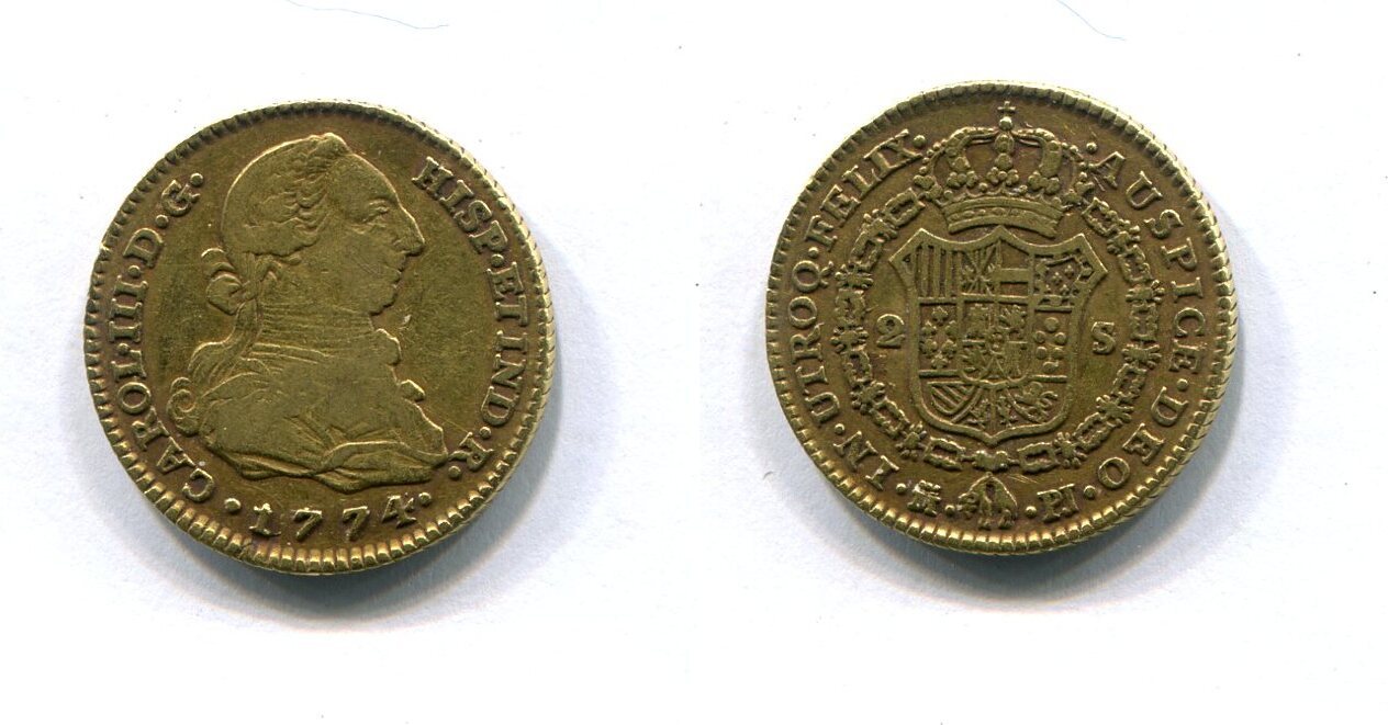 Spanien 2 Escudos 1774M-PJ CHarlos III. 1759-1788, VF / EF | MA-Shops
