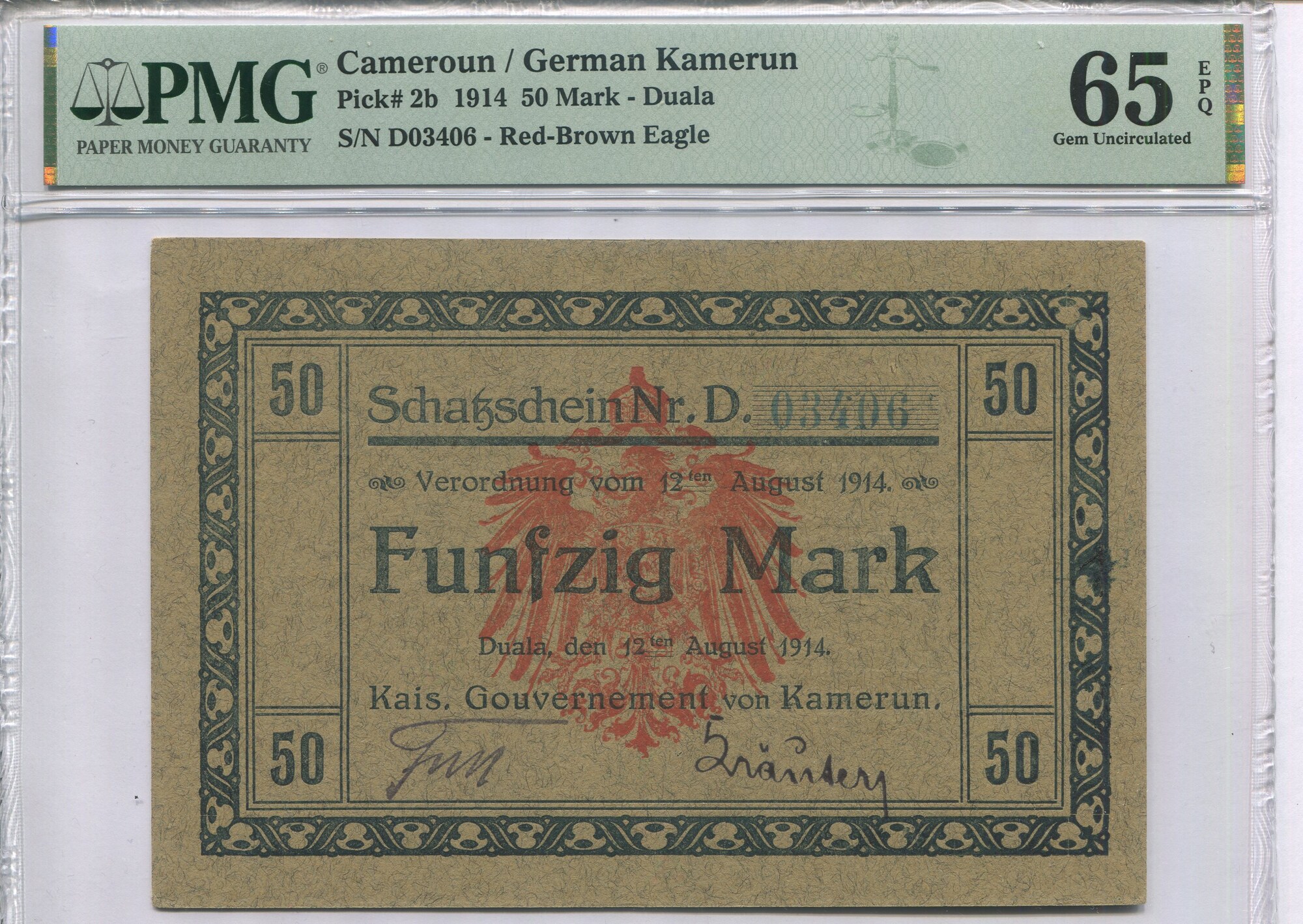 Deutsche Kolonien, 50 Mark 1914 Kamerun. PMG GU 65 EPQ | MA-Shops