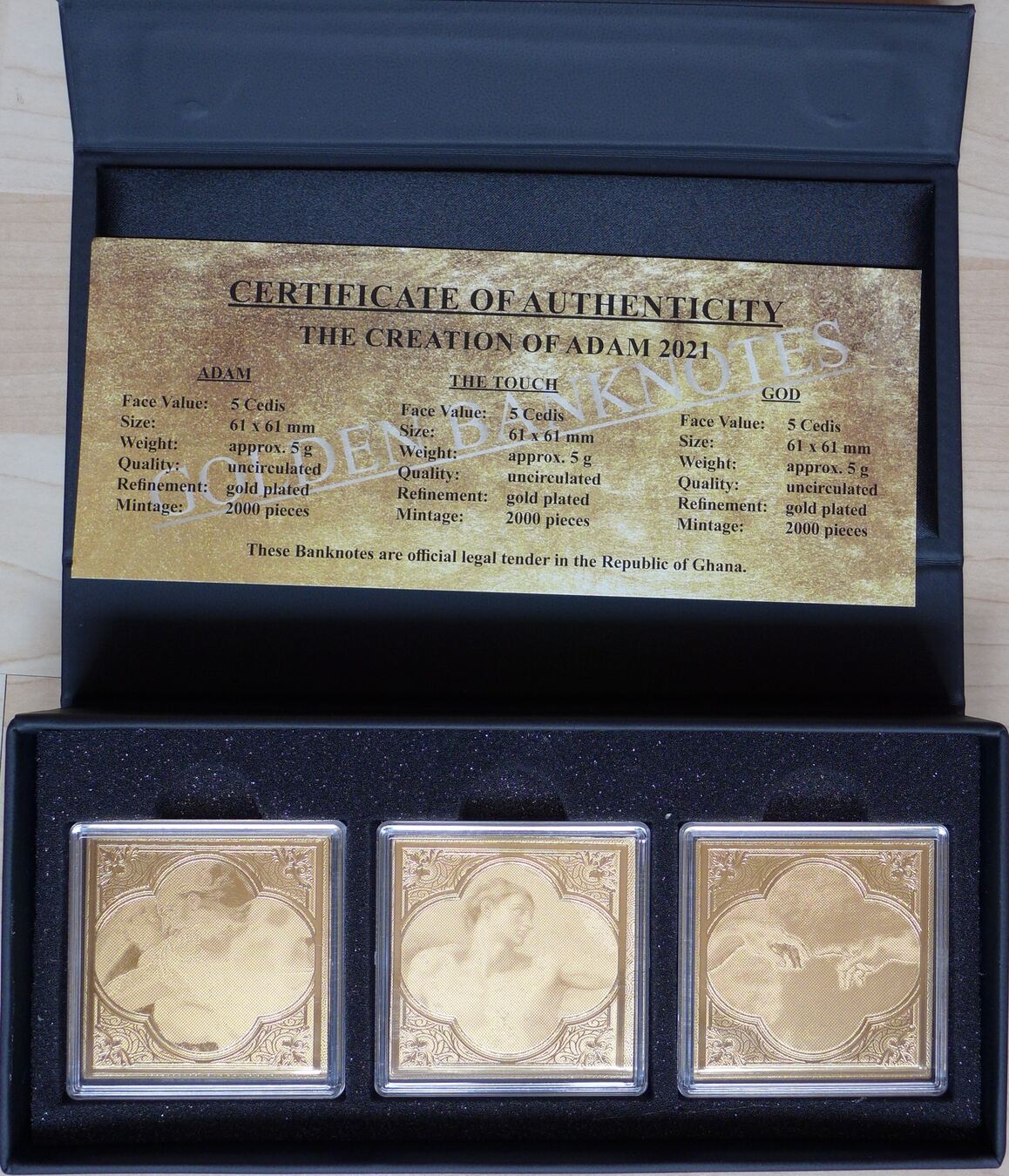 Ghana 3 x 5 Cedis 2021 Golden Banknotes -Die Erschaffung Adams- unc ...