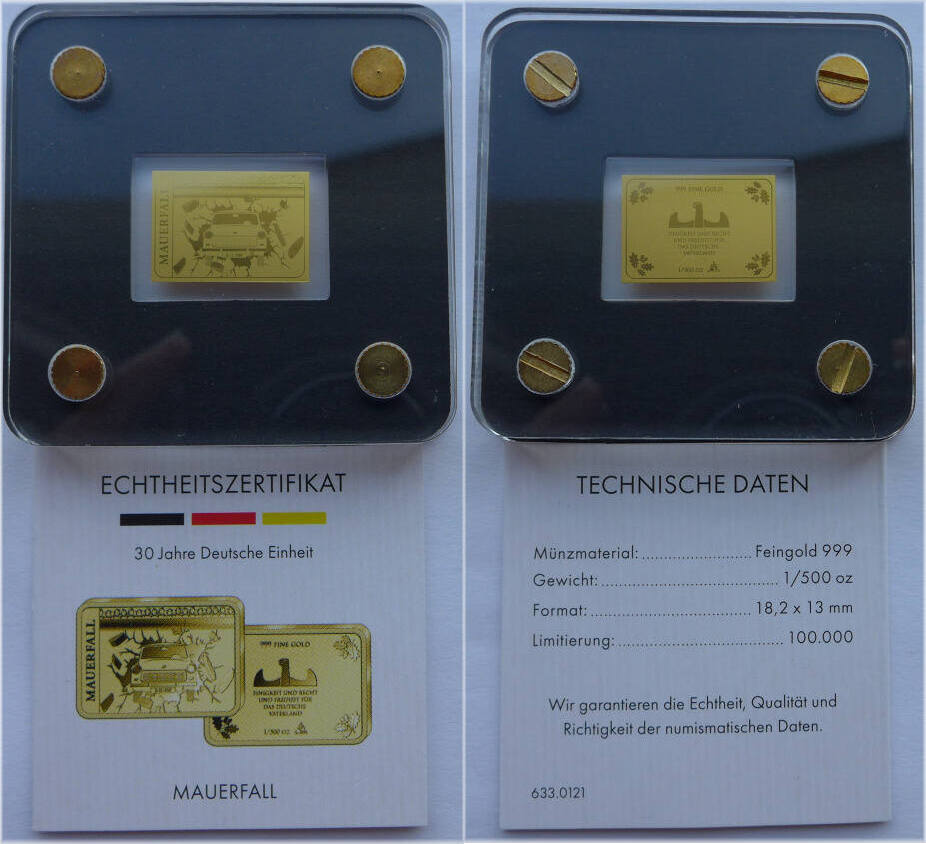 Deutschland Goldbanknote 30 Jahre Deutsche Einheit Mauerfall 1 500