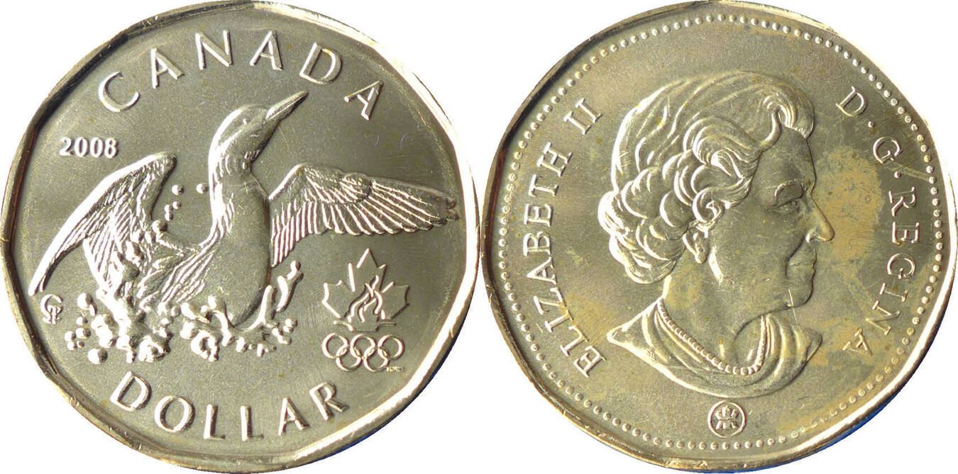 Kanada 1 Dollar 2008 Olympic Lucky Loonie - Elizabeth II. VF Kratzer ...
