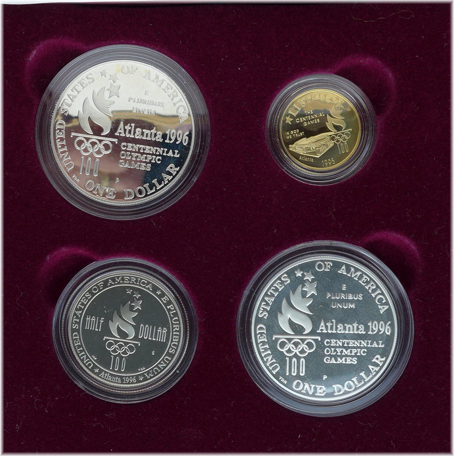 USA 2 x 1 Dollar, Half Dollar + 5 Dollar in Gold 1996 Münzenset U. S ...