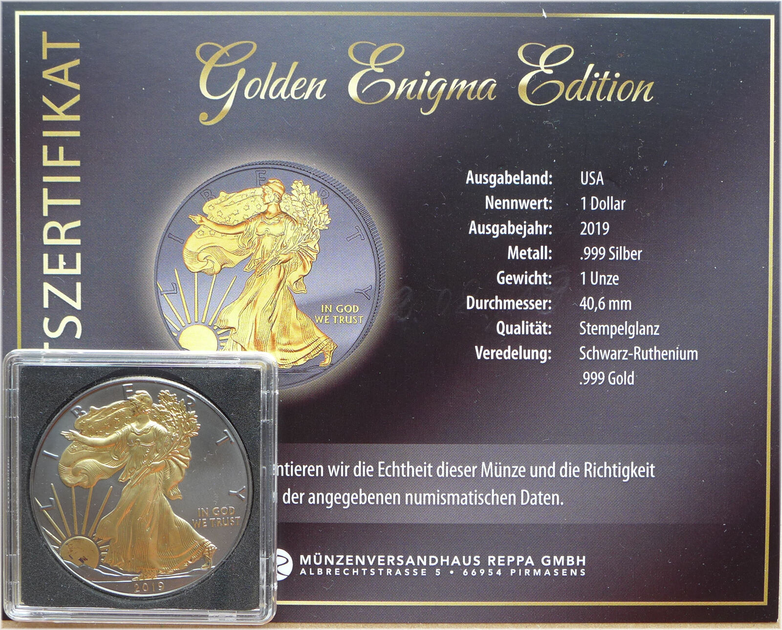 USA 1 Dollar 2019 Golden Enigma Edition -American Eagle- 1 Oz Ag mit ...