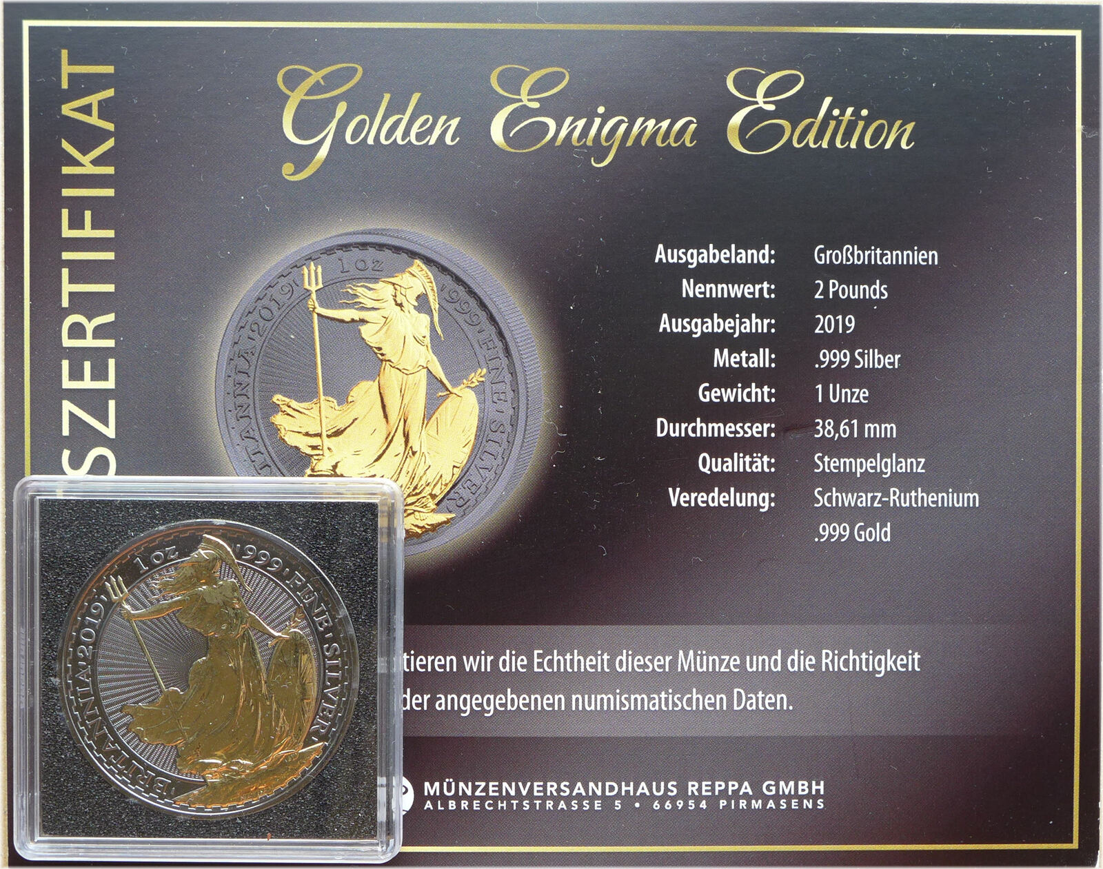 Großbritannien 2 Pounds 2019 Golden Enigma Edition-Britannia 1 Oz Ag ...