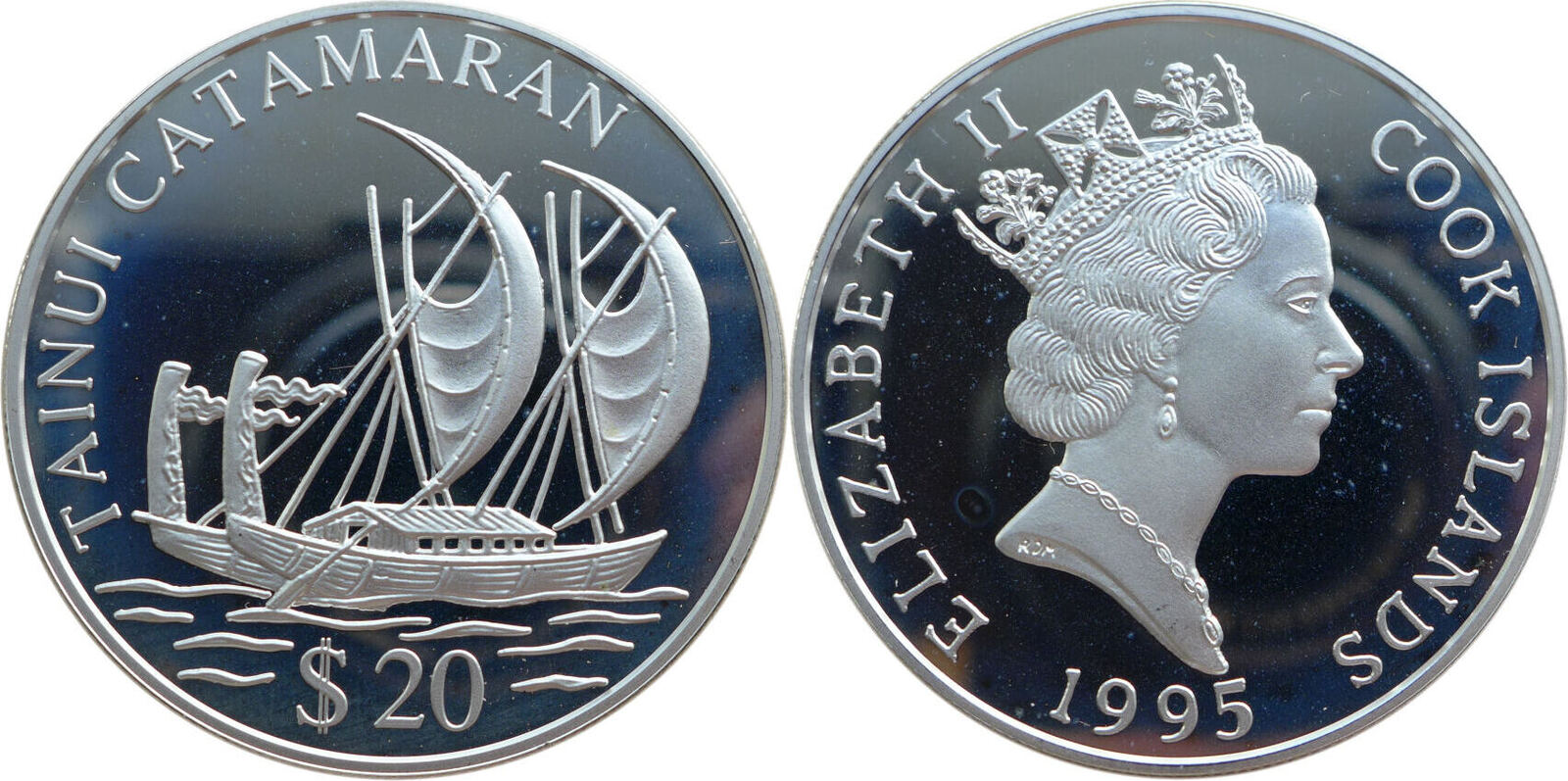 Cook Islands 20 Dollars 1995 Tainui-Katamaran Proof, fleckig angelaufen ...