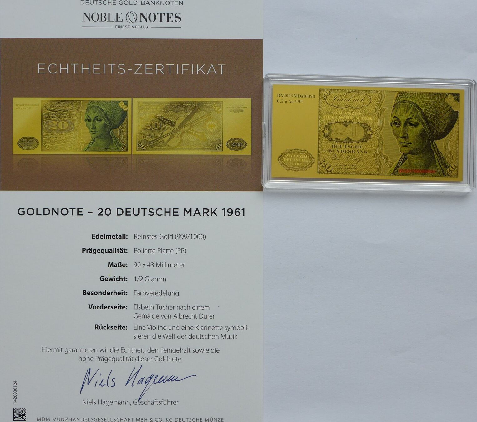 Deutschland Goldnote Die DM Banknoten 20 Deutsche Mark 1961 -Elsbeth ...
