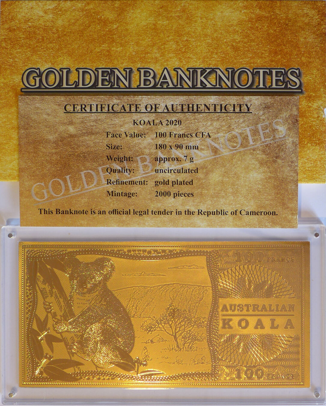 Kamerun 100 Francs CFA 2020 Golden Banknotes - Koala - vergoldet unc ...