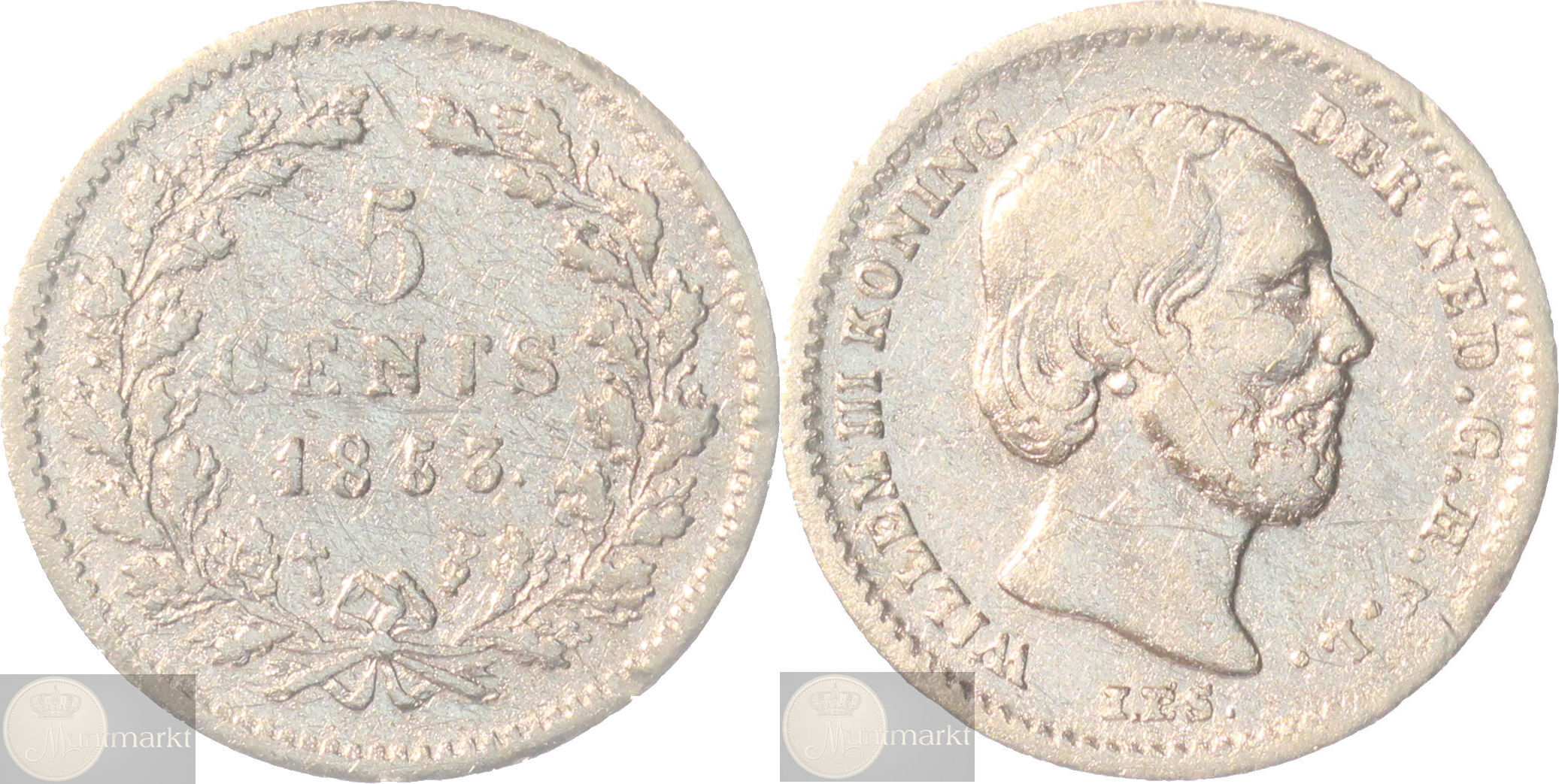 Koninkrijk der Nederlanden 5 cent / stuiver 1853 Willem III ZELDZAAM VF ...