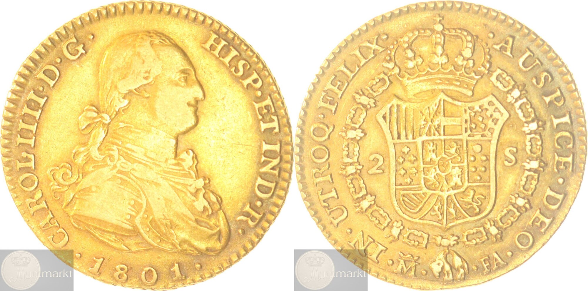 Spanje 2 Escudo 1801 over 1791 M FA Madrid Carlos IV XF | MA-Shops