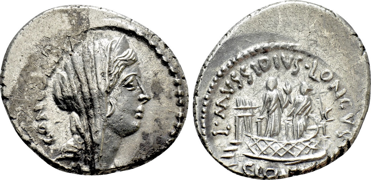 Römische Republik L. MUSSIDIUS LONGUS. Denarius (42 BC). Rome. CH UNC ...