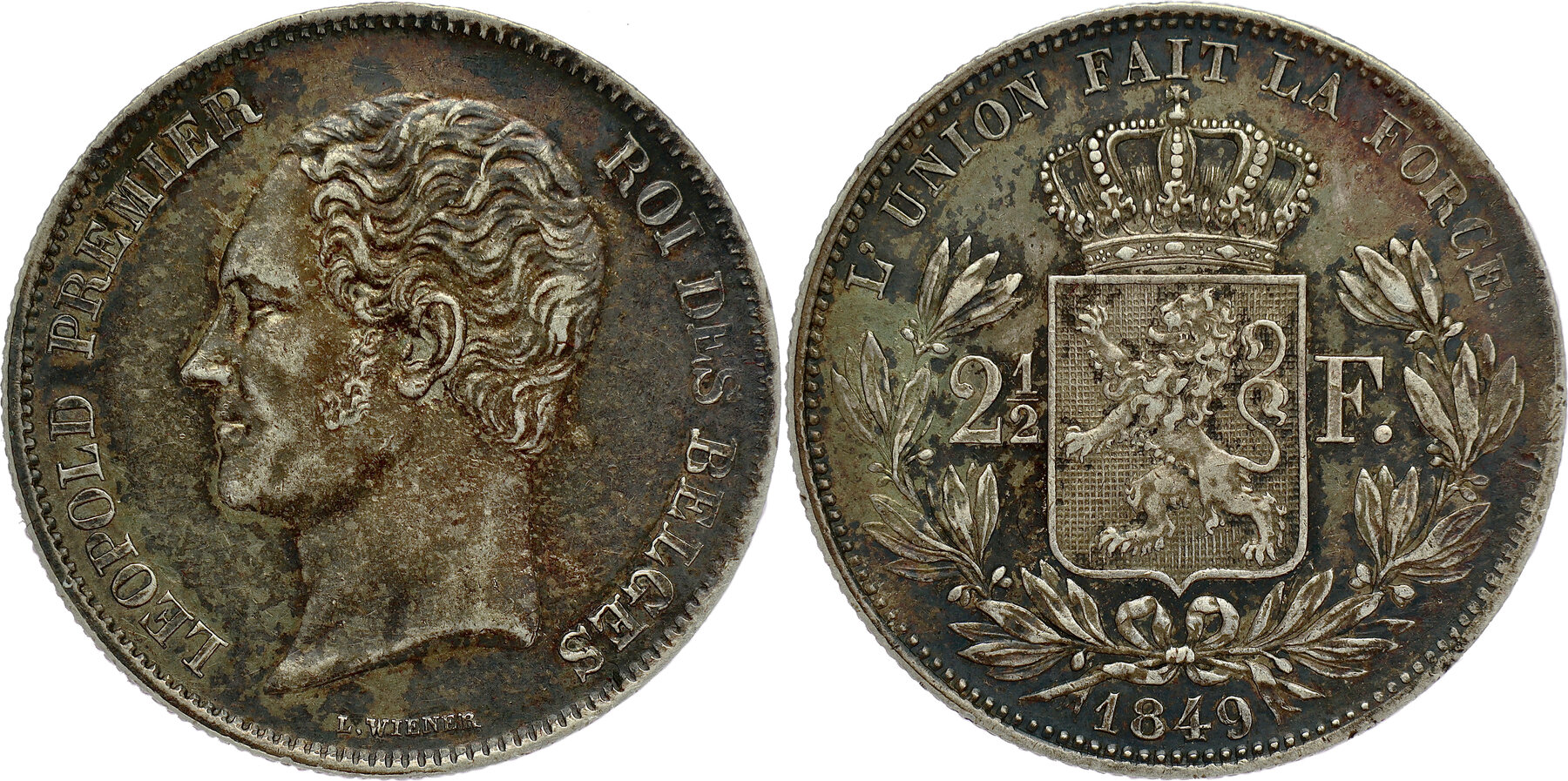 BELGIUM 2½ Francs 1849 Kingdom - Leopold I - Brussels Mint - small head ...