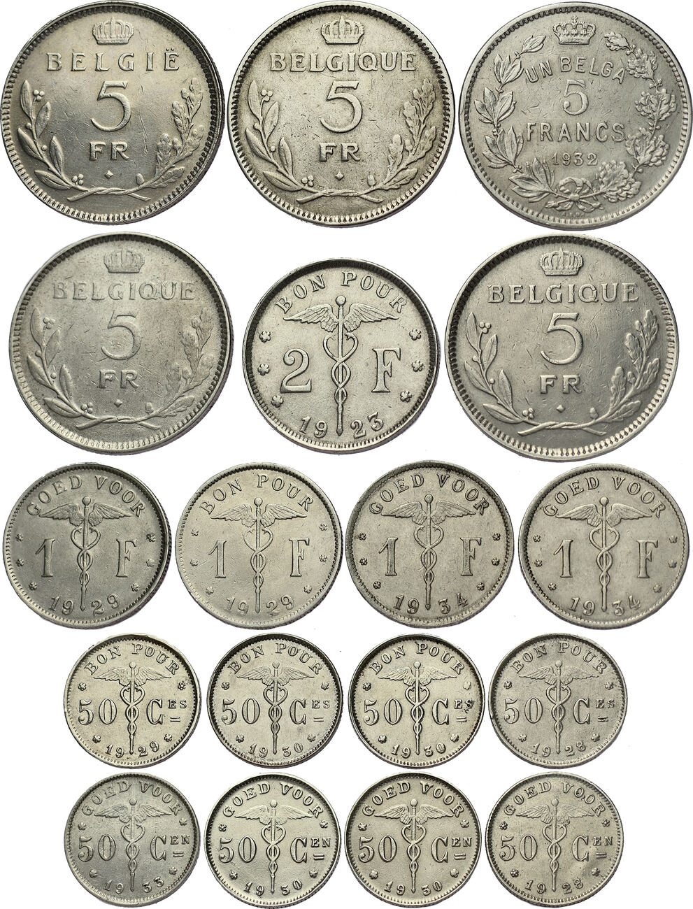 BELGIUM 50C, 1F, 2F & 5F 1928-1937 Albert I & Leopold III - LOT of 18 coins VF/EF | MA-Shops