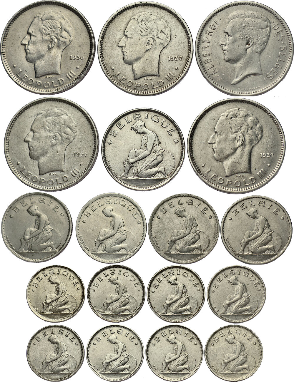 BELGIUM 50C, 1F, 2F & 5F 1928-1937 Albert I & Leopold III - LOT of 18 coins VF/EF | MA-Shops
