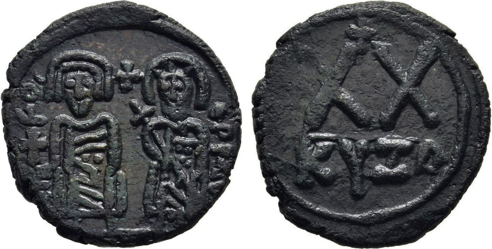 BYZANTINE EMPIRE Æ Half Follis of 20 Nummi 602-610 AD Phocas, with ...