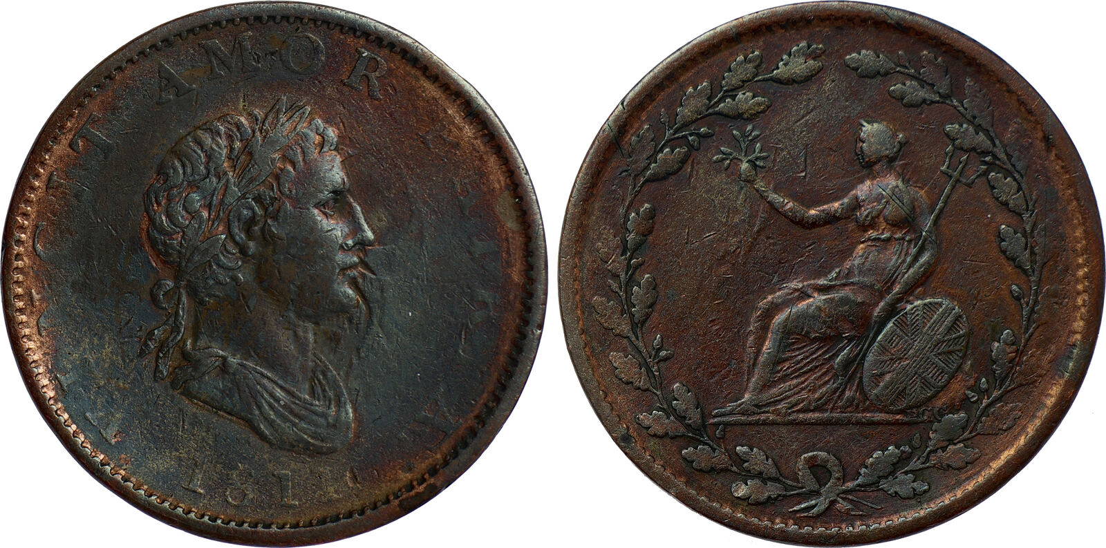 GREAT BRITAIN ½ Penny Token 1811 British Copper Company - OVERSTRIKE ...