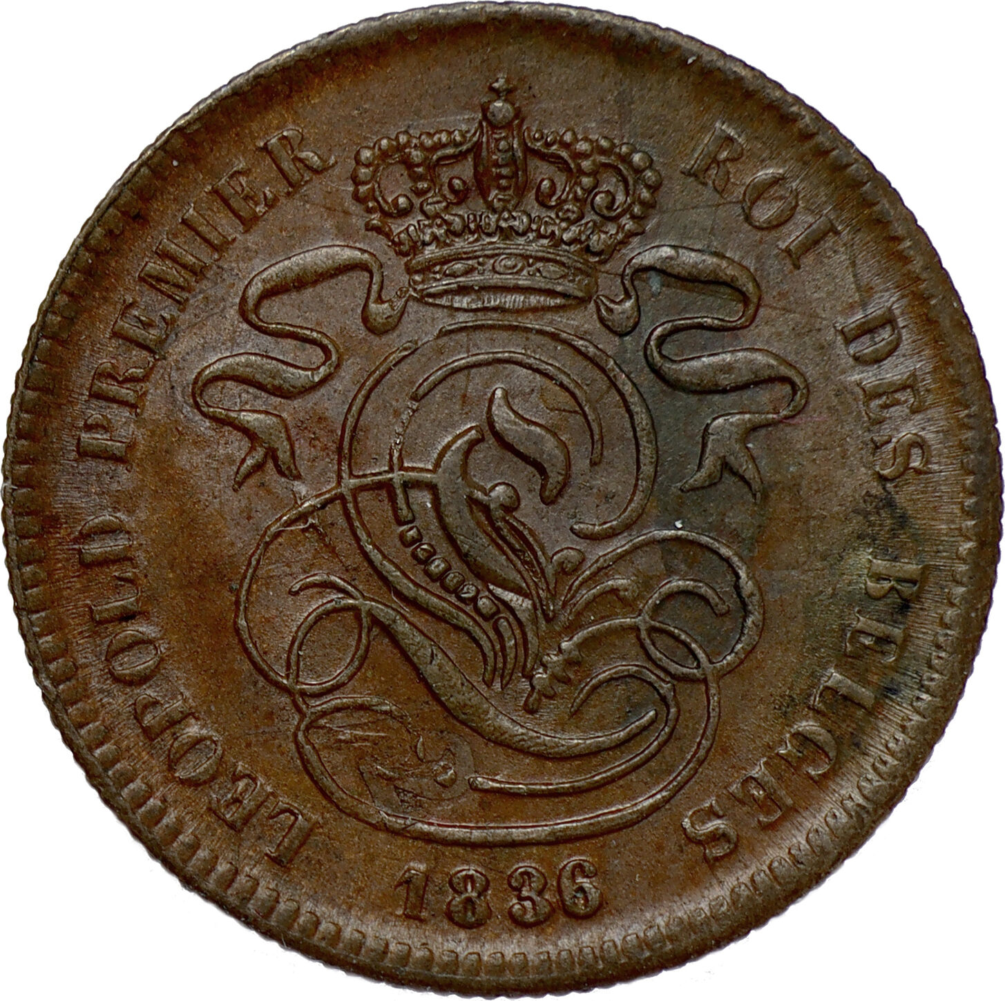 Belgium 2 Centimes 1836 Leopold I - struck on Dutch 1 Cent of Willem I ...