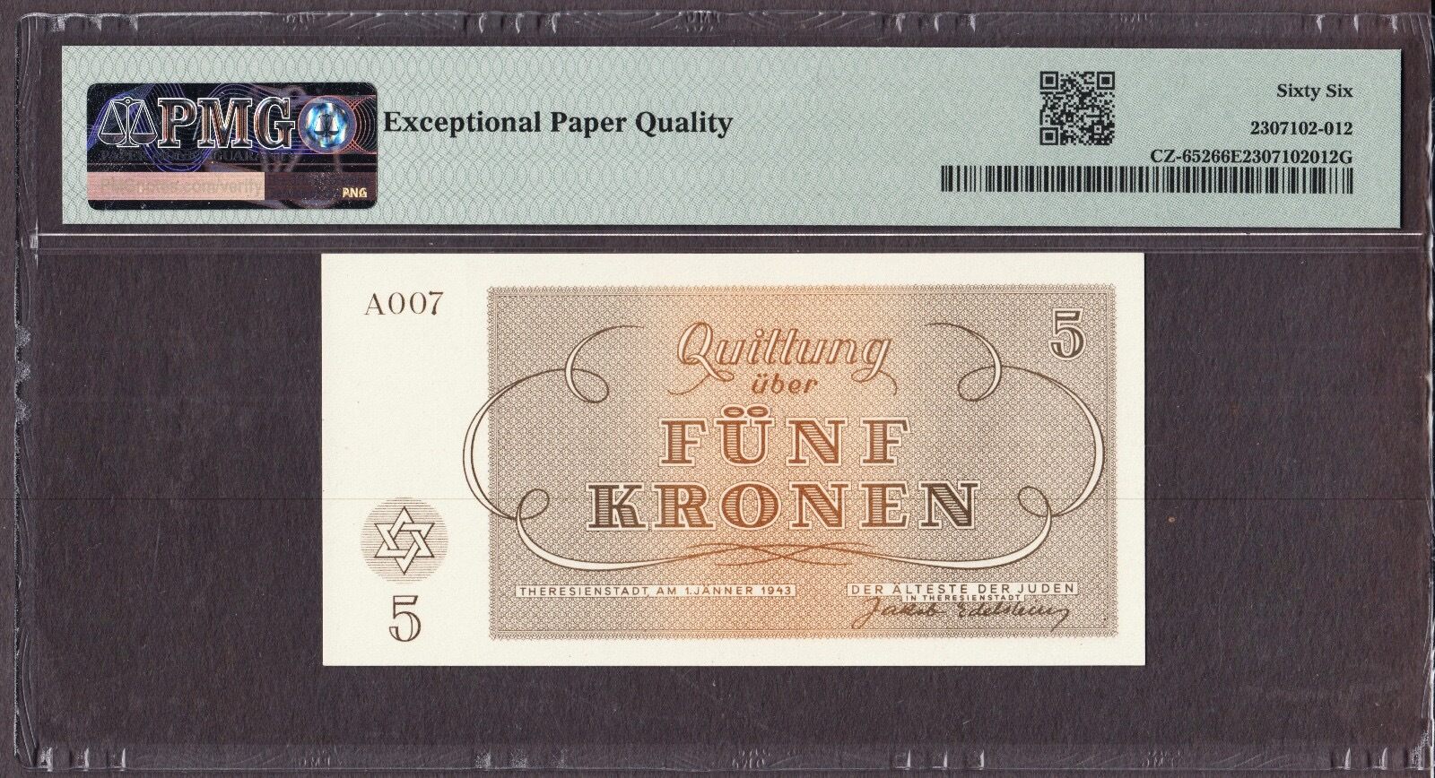 Czechoslovakia Theresienstadt Ghetto 5 Kronen 1943 Sr# A007 GEM UNC PMG ...