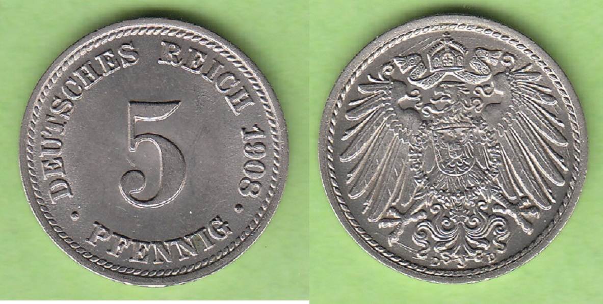 Kaiserreich 5 Pfennig 1908 D toll erhalten CH UNC / BU (MS65-70) | MA-Shops