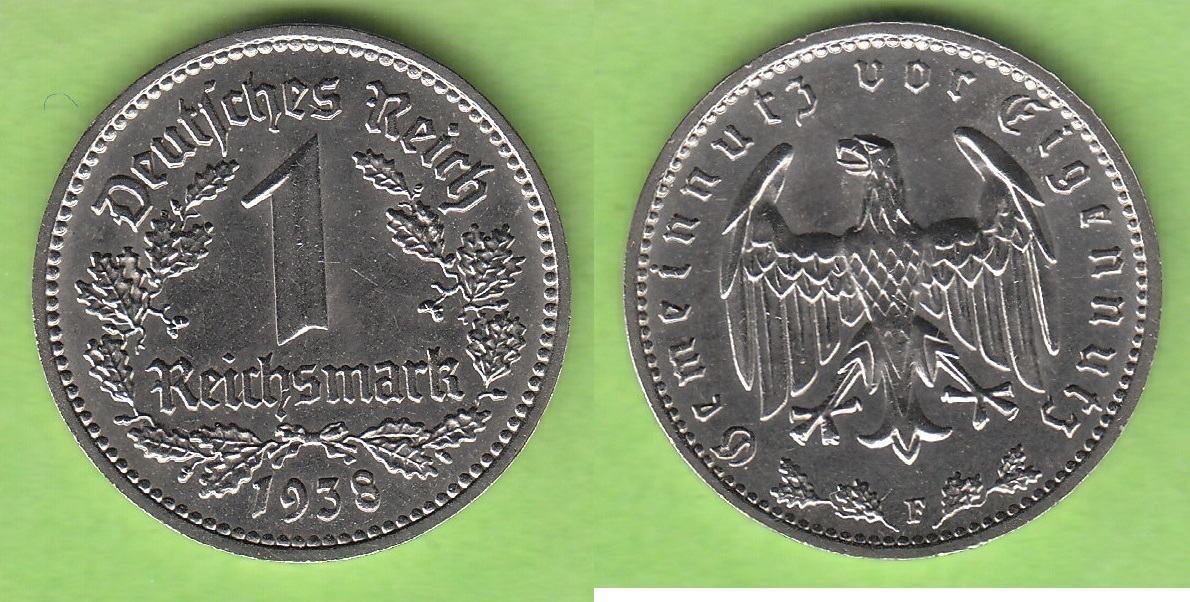 Drittes Reich 1 Reichsmark 1938 F Prachtexemplar CH UNC / BU (MS65-70 ...