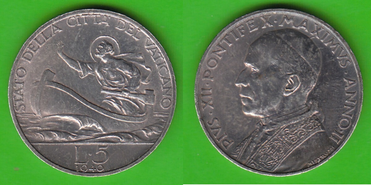 Vatikan 5 Lire 1940 Pio XII. 1939-1958 UNC, leicht gereinigt | MA-Shops