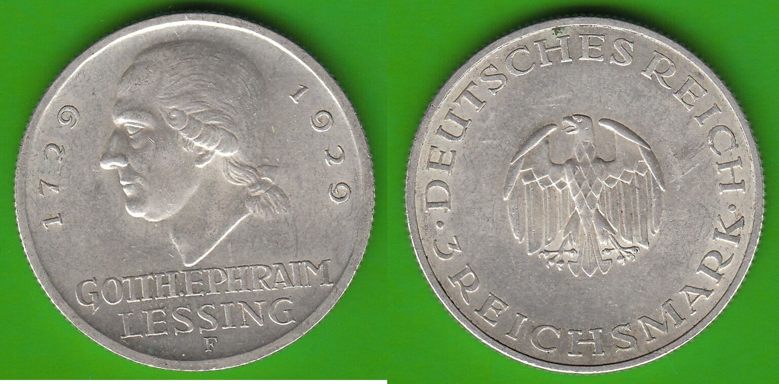 Weimarer Republik 3 Reichsmark 1929 F Lessing EF | MA-Shops