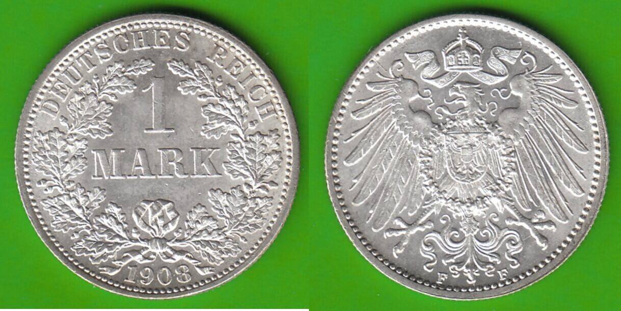 Kaiserreich 1 Mark 1908 F toll erhalten UNC / BU | MA-Shops