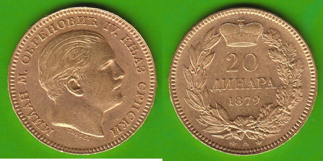 Serbien 20 Dinara 1879 GOLD, Milan IV. Obrenowitsch 1868-1889 VF-EF ...
