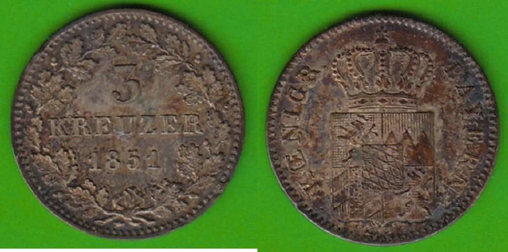 Bayern 3 Kreuzer 1851 Maximilian II. Joseph 1848-1864, hübsch, seltener ...