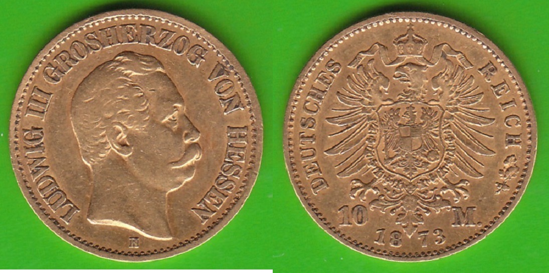 Hessen 10 Mark 1873 GOLD, Ludwig III. 1848-1877 VF+ | MA-Shops