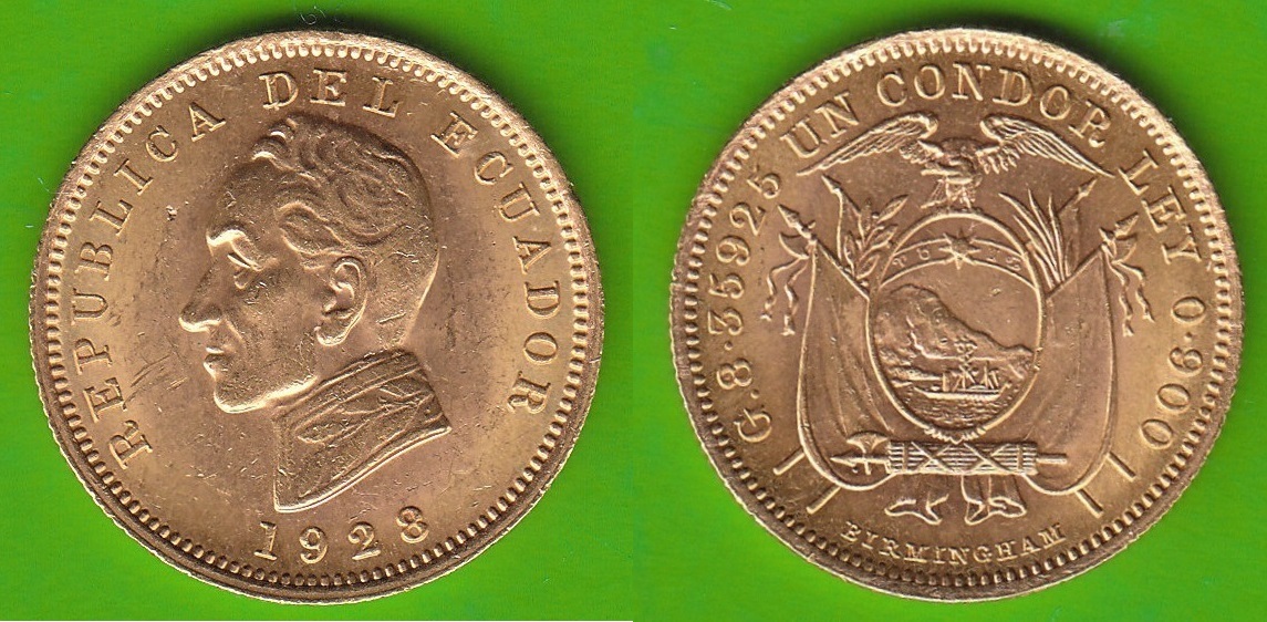 Ecuador Condor 1928 GOLD, hübsch, selten EF / CH UNC | MA-Shops
