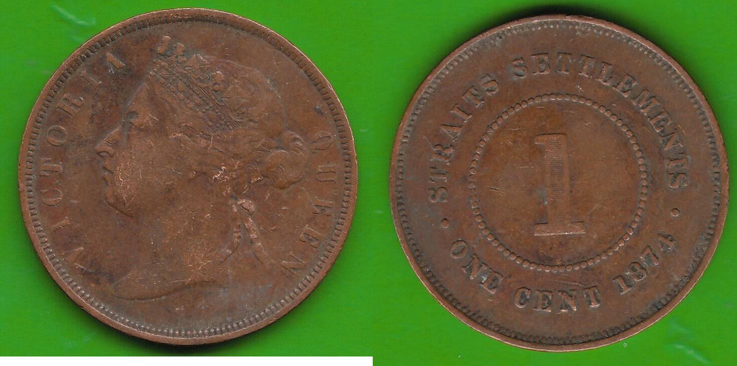 Straits Settlements 1 Cent 1874 H Victoria 1837-1901, Heaton mint VF, minimal berieben | MA-Shops