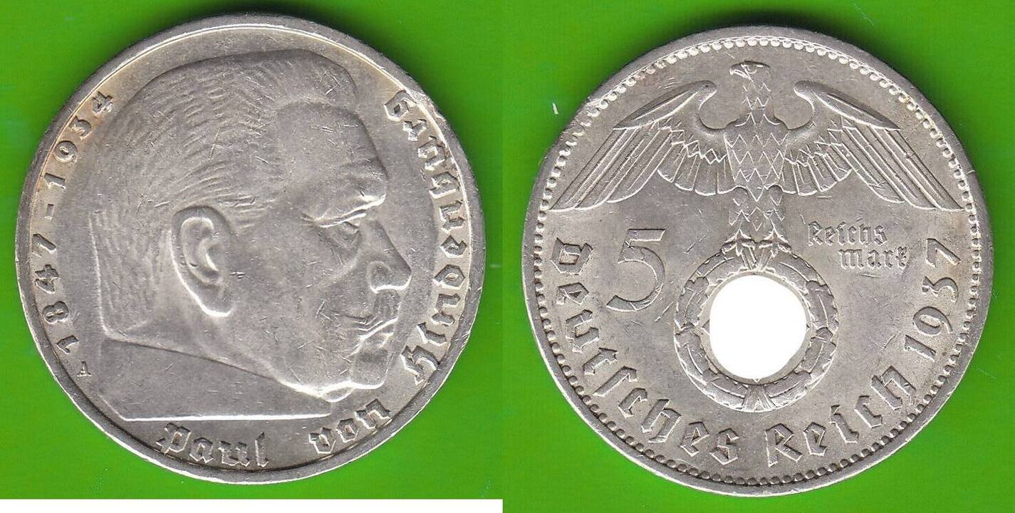Drittes Reich 5 Reichsmark 1937 A hübsch AU / UNC-, kleiner Randfehler ...