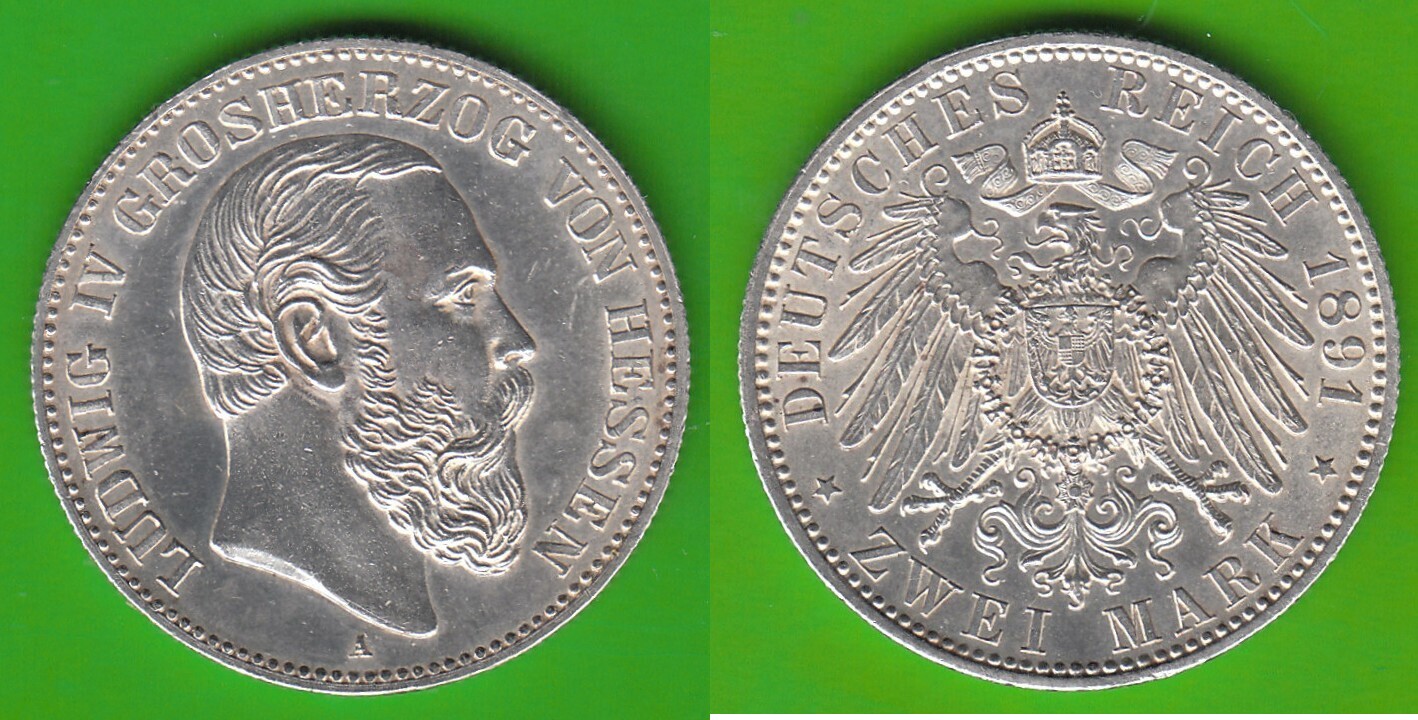 Hessen 2 Mark 1891 Ludwig IV. 1877-1892, sehr hübsch, selten UNC-, leicht gereinigt | MA-Shops