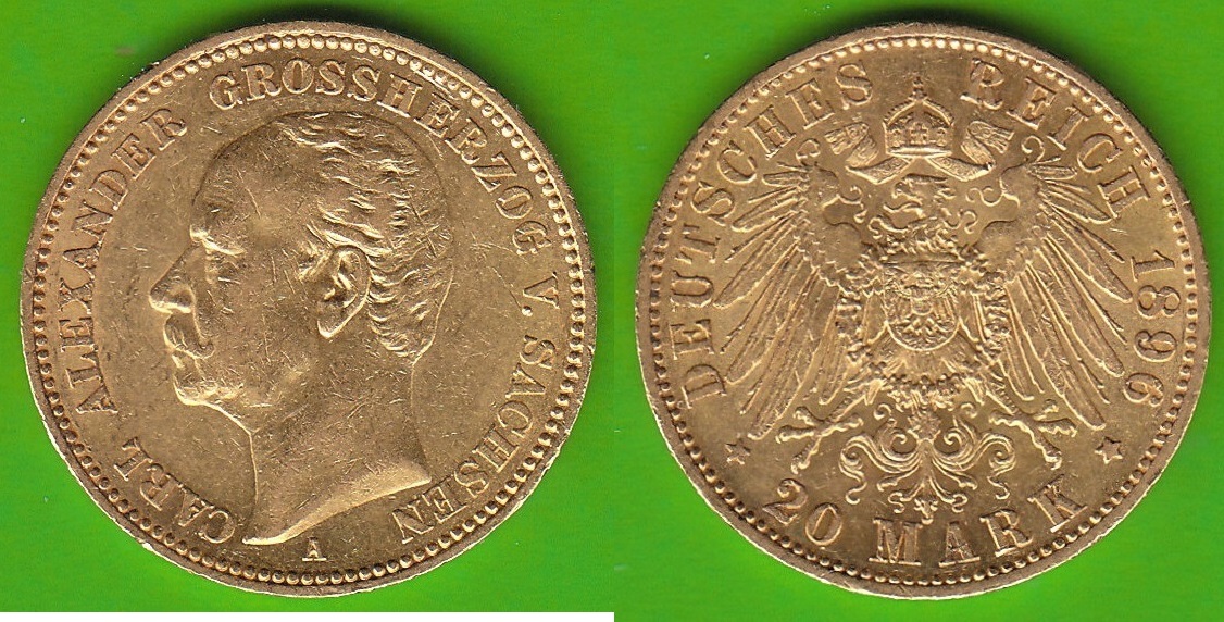 Sachsen-Weimar-Eisenach 20 Mark 1896 GOLD, Carl Alexander 1853-1901 ...